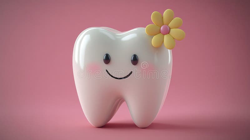 3d Cute Tooth Character with Flower on Pink Background Stock ...