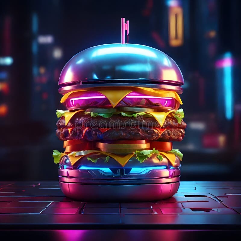 3D Cyberpunk Burger with Metallic Aesthetics Stock Illustration ...