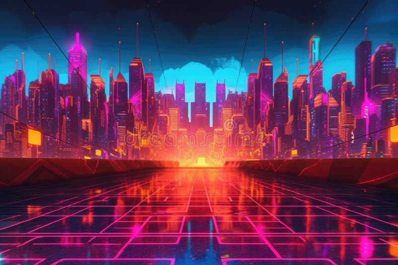 3d Cyberpunk Neon Grid Landscape with Vivid Colors Stock Illustration ...