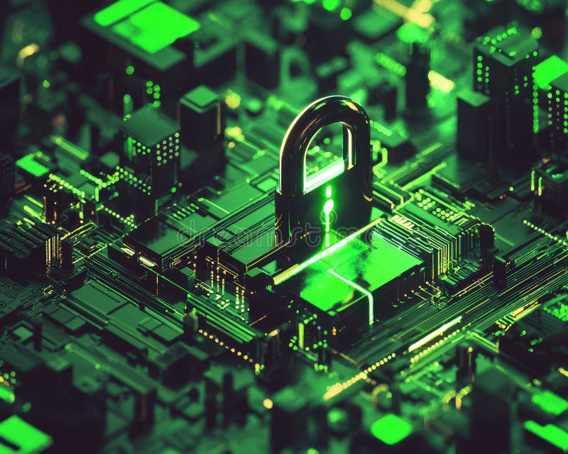 3D Cybersecurity Lock on Technology Matrix Background Stock ...