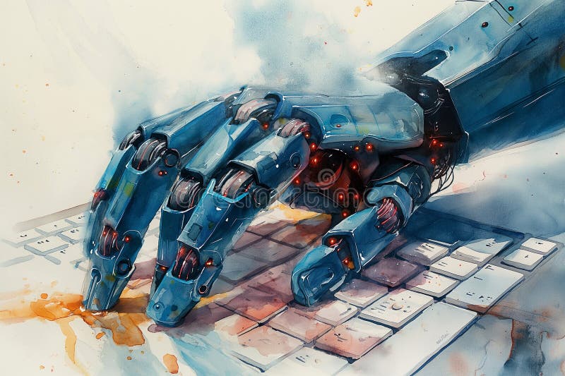 3d Dark Blue Robot Hand on White Computer Keyboard. Watercolour ...