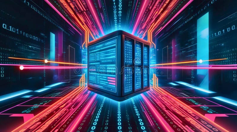 3D Database with Glowing Data Streams and Binary Code Stock Illustration - Illustration of light ...