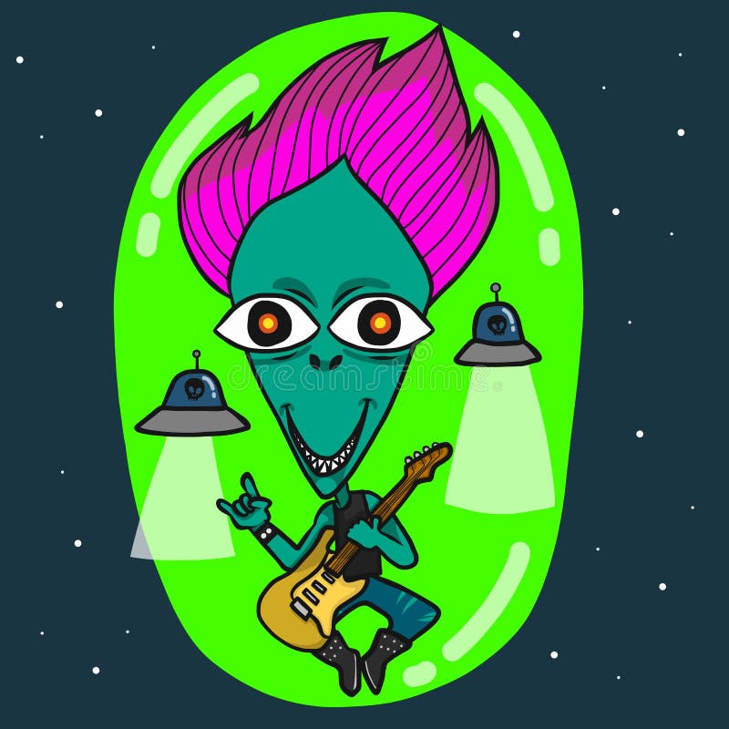 Punk Rocker Alien Play Guitar in Space Cartoon Stock Vector ...