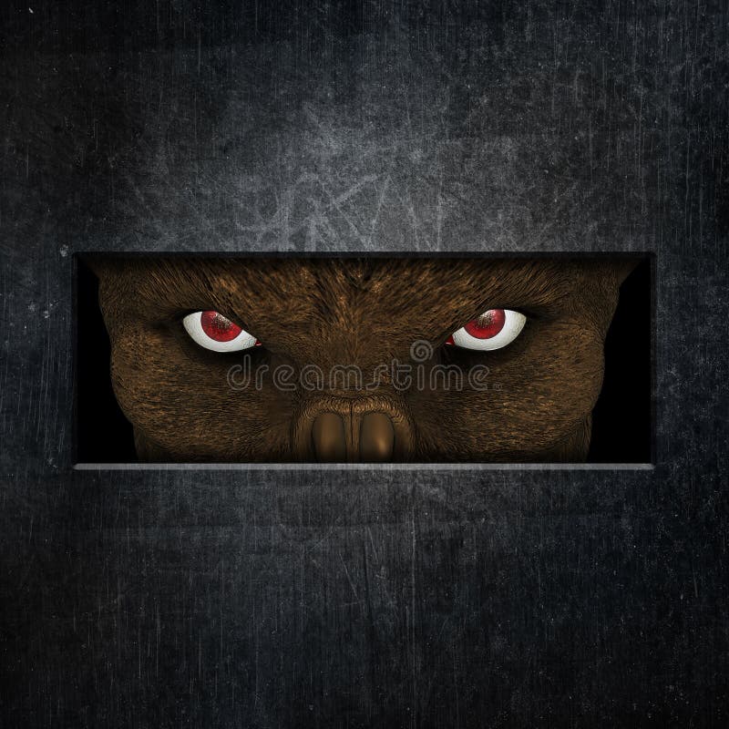 3D Demonic Creature Staring through a Slot in a Door Stock Illustration ...
