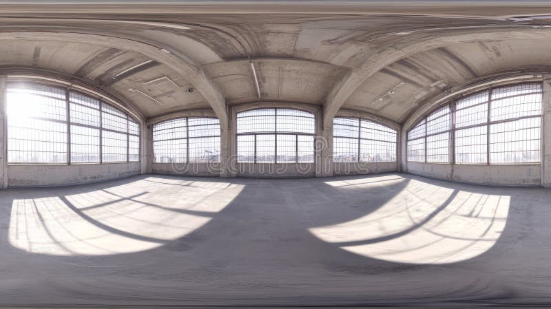 A 3D Depiction of an Empty Factory Includes a Ceiling with a Geometric ...