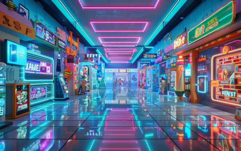 A 3D Depiction of a Neonthemed Shopping Mall in the Future with Digital ...