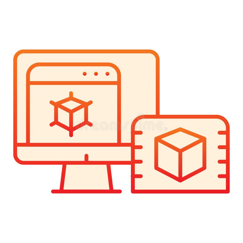 3d Design on Computer Flat Icon. Pc Monitor with 3d Project Orange ...