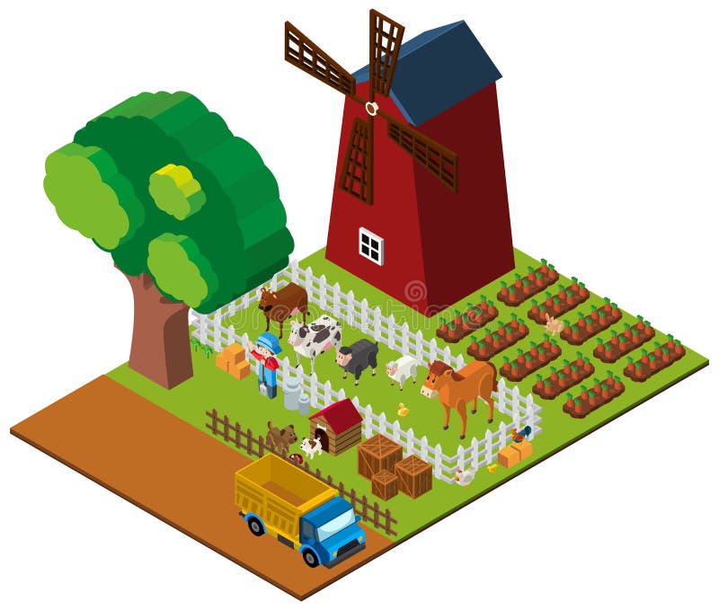 3D Design for Farmland with Farmer and Animals Stock Vector ...