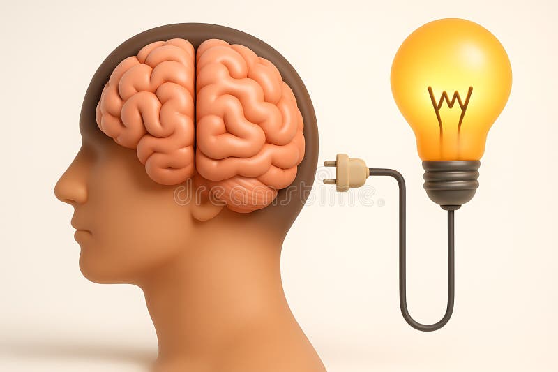3D Illustration of a Brain with a Plug Connected To a Glowing Yellow ...