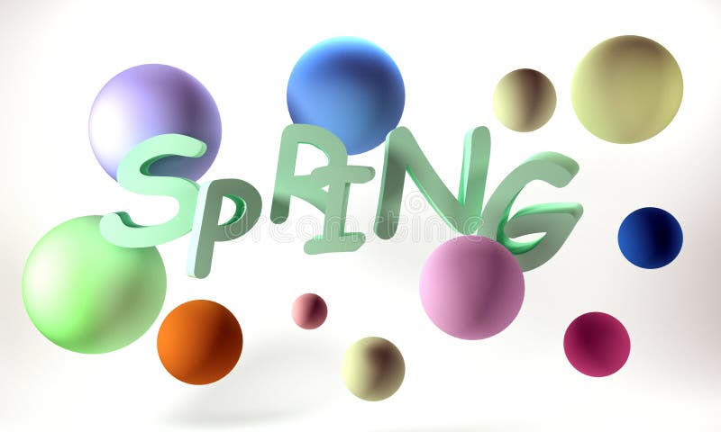 3d Text. the Inscription is Spring with Flying Multi-colored Spheres ...