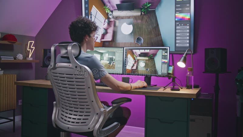 3D Designer Creates House Interior at Home Office on Computer Stock ...