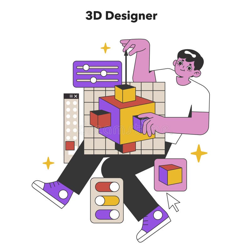 3D Designer Shaping Digital Realities. Flat Vector Illustration. Stock ...