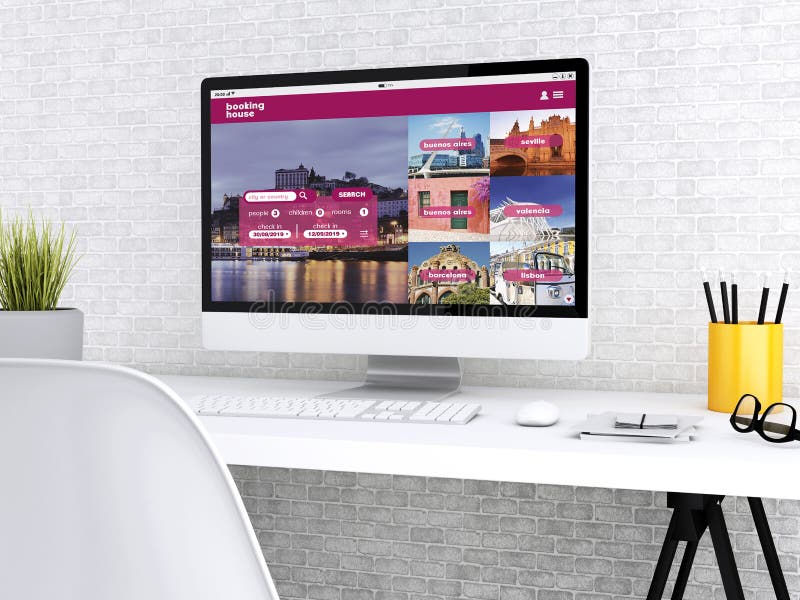 3d Desktop with Computer. Mock Up Stock Illustration - Illustration of ...