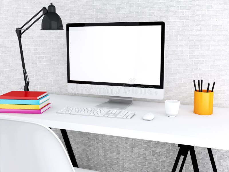 3d Desktop with Computer. Mock Up Stock Illustration - Illustration of ...