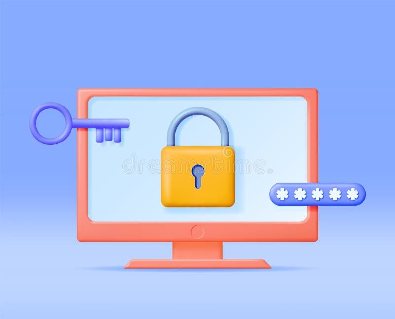3D Desktop PC with Shield Lock and Password Stock Vector - Illustration ...