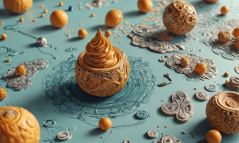 3D Dessert Scene Features Golden Brown Cake with Scoop Ice Cream ...