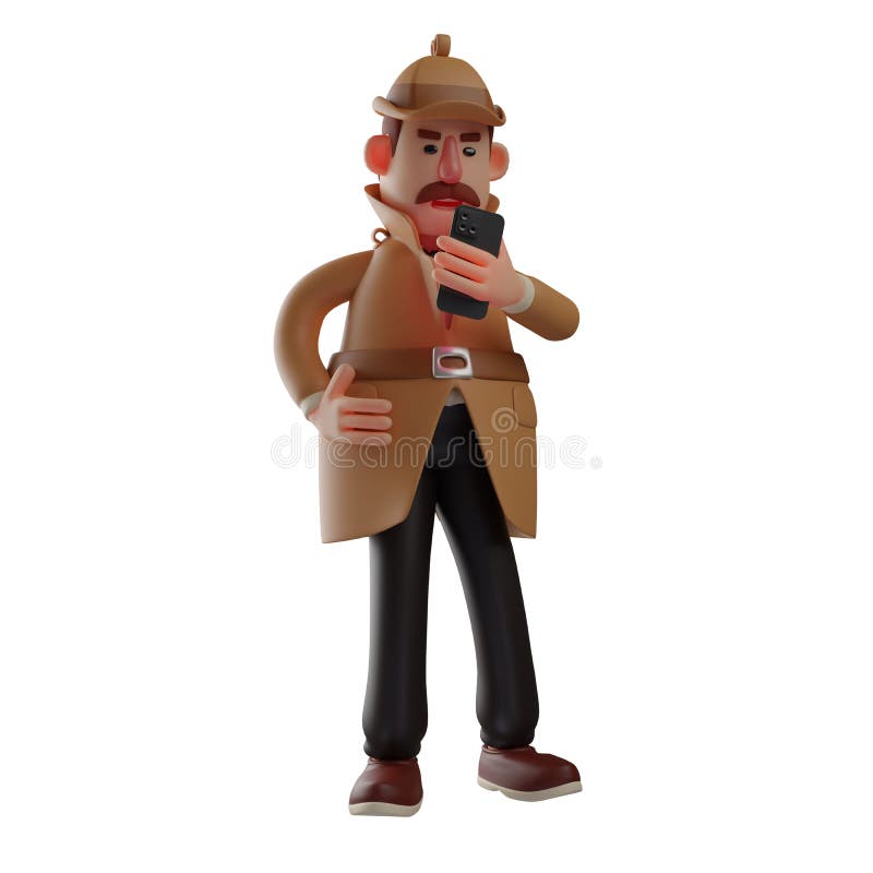 3D Detective Cartoon Drawing with Phone Stock Illustration ...