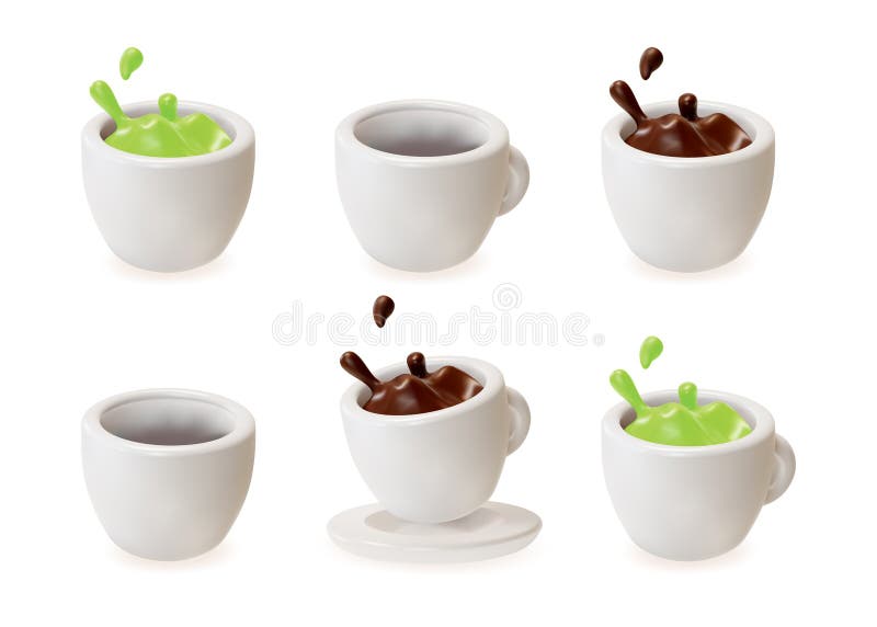 3d Different White Cup with Hot Coffee or Matcha Latte Splash Cartoon ...