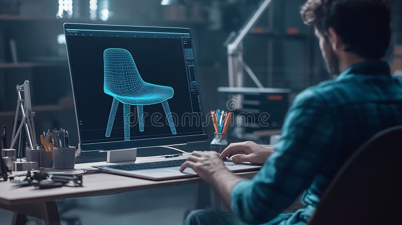 3D Digital Chair Design Rendered on Screen in Creative Workspace Stock ...