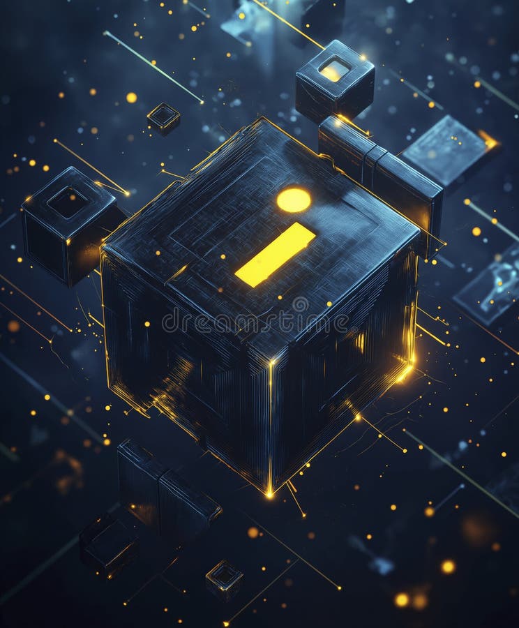 3D Digital Cube with Glowing Elements, Representing Information and ...