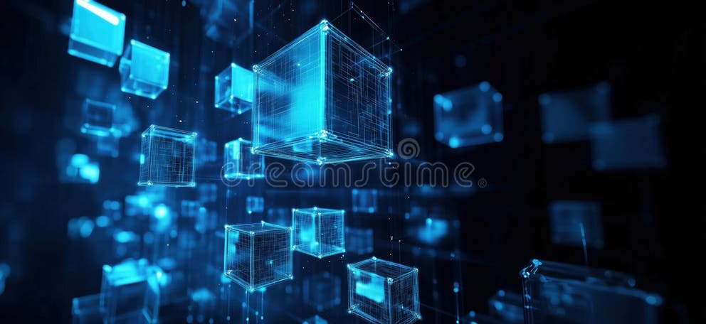 3D Digital Cubes Floating in a Futuristic Blue Technology Environment ...