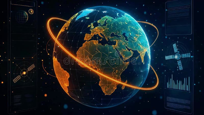 Digital 3D Earth with Orbit Ring and Data Interface in Futuristic Space Stock Video - Video of ...