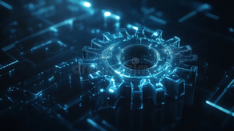 3D Digital Gear in a Complex Virtual Tech Background Stock Illustration ...