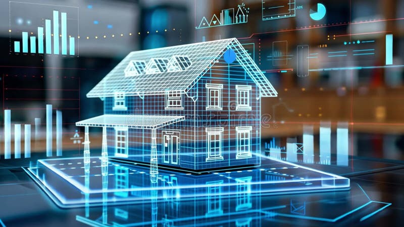 3D Digital House Model with Data Analytics Displayed on Screen in a ...