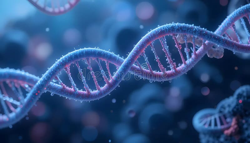 3D Digital Illustration of DNA Double Helix Strand in a Glowing Blue ...