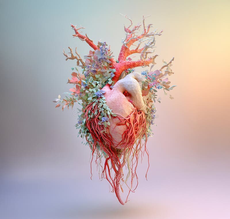 3D Digital Illustration of a Human Heart, Wrapped in Tree Roots Stock ...