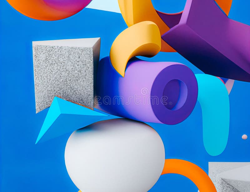 3D Digital Illustration of Random Geometric Shapes on Blue Background ...