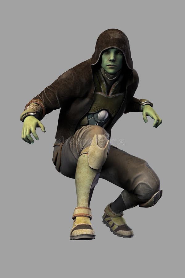 Render of a Hooded Secret Agent Alien Man Crouching Down Stock ...