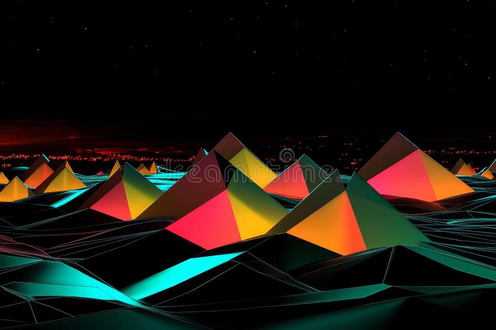 A 3D Digital Landscape with Glowing Triangular Prisms, Floating Against ...