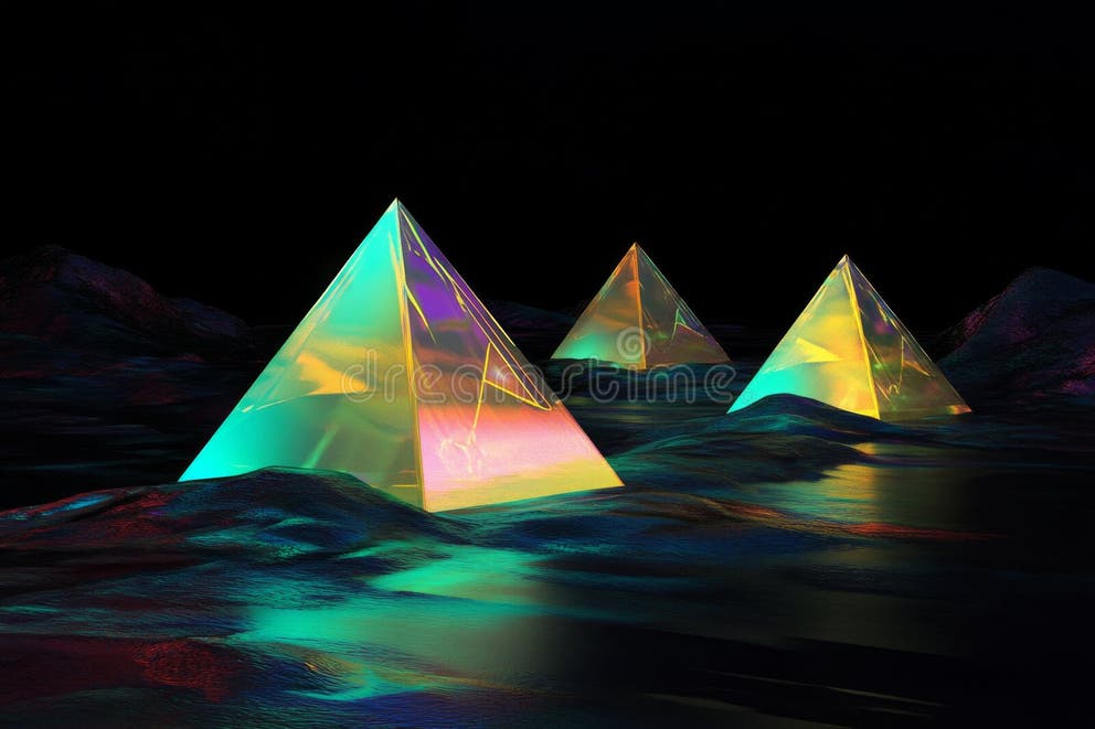 A 3D Digital Landscape with Glowing Triangular Prisms, Floating Against ...