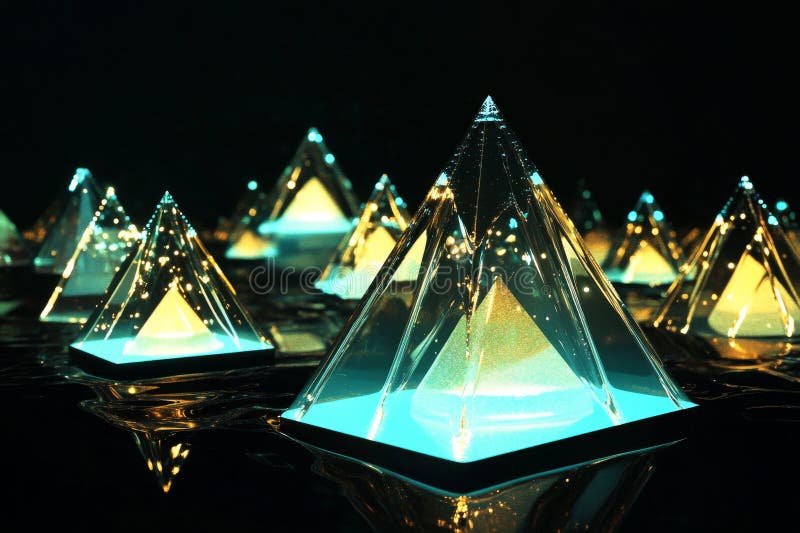A 3D Digital Landscape with Glowing Triangular Prisms, Floating Against ...