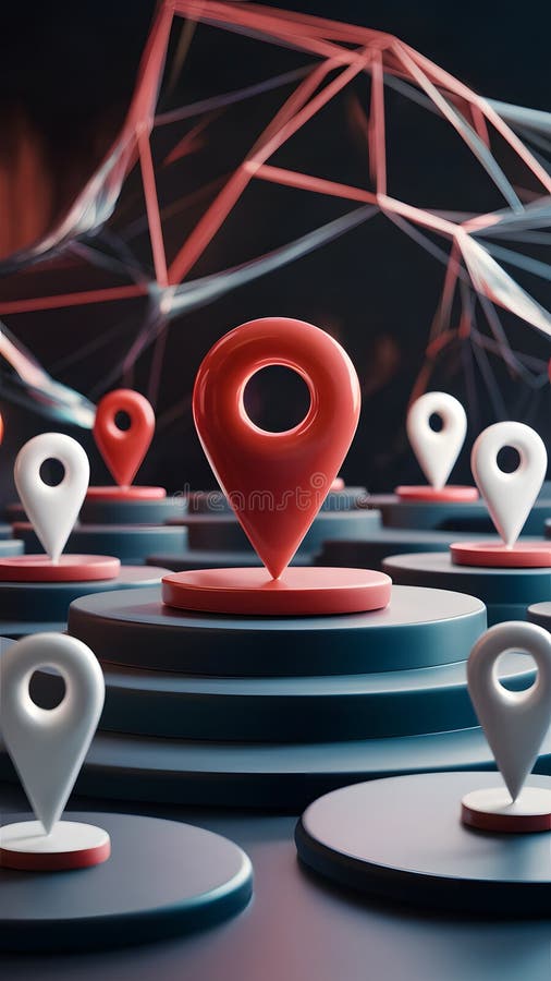 3D Digital Landscape with Red and White Location Pins on Abstract ...