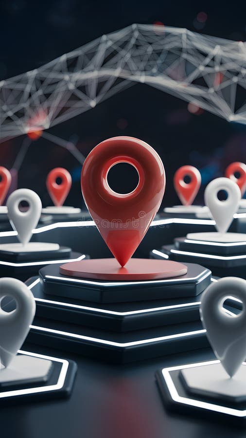 3D Digital Landscape with Red and White Location Pins on Abstract ...