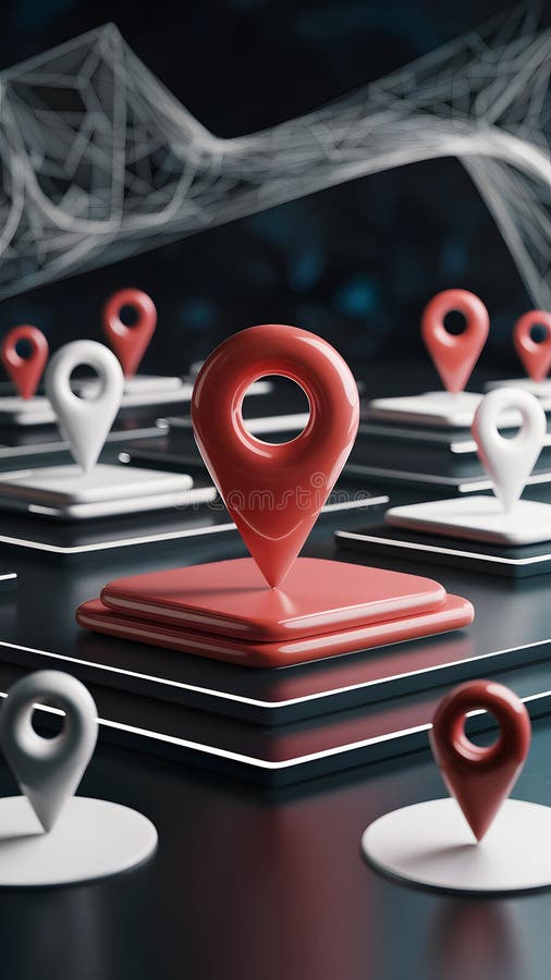 3D Digital Landscape with Red and White Location Pins on Abstract ...