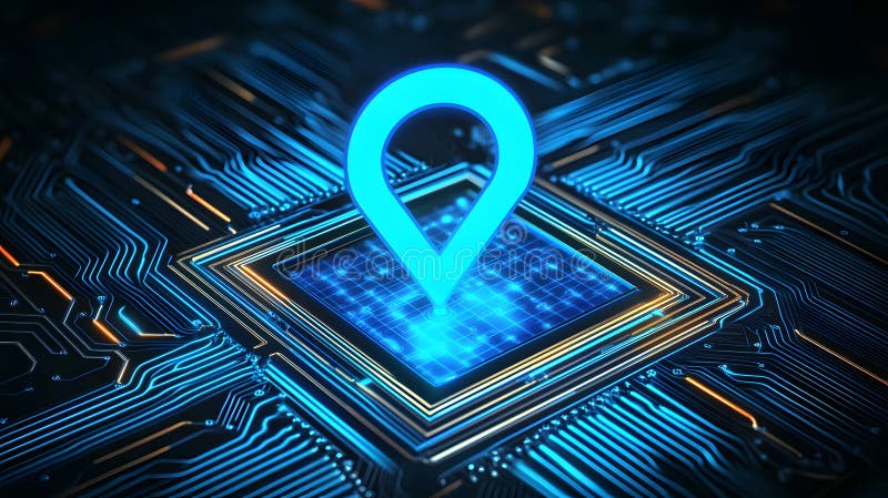 3D Digital Location Pin on a Microchip Background Stock Illustration ...