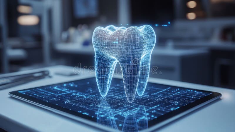 A 3D Digital Model of a Tooth, Hovering Above a Tablet in a Dental ...