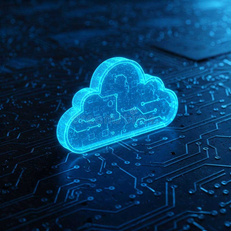 Futuristic Glowing Blue Cloud Icon on Digital Circuit Board Background ...