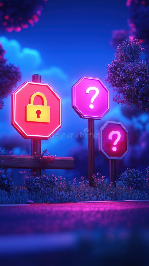 3D Digital Security Icons Featuring Lock and Question Marks in Neon ...