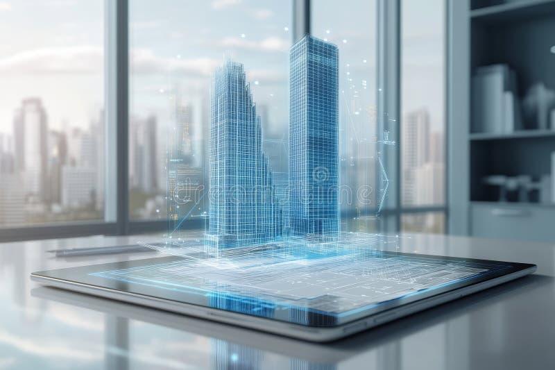 3d Digital Tablet Displaying Skyscraper Blueprints and Holographic ...