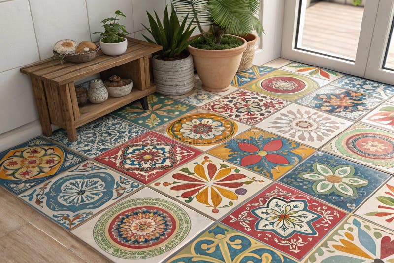 3D Digital Wall Tile Decor with Ceramic Tile Design in Indian Patchwork Style Stock Illustration ...