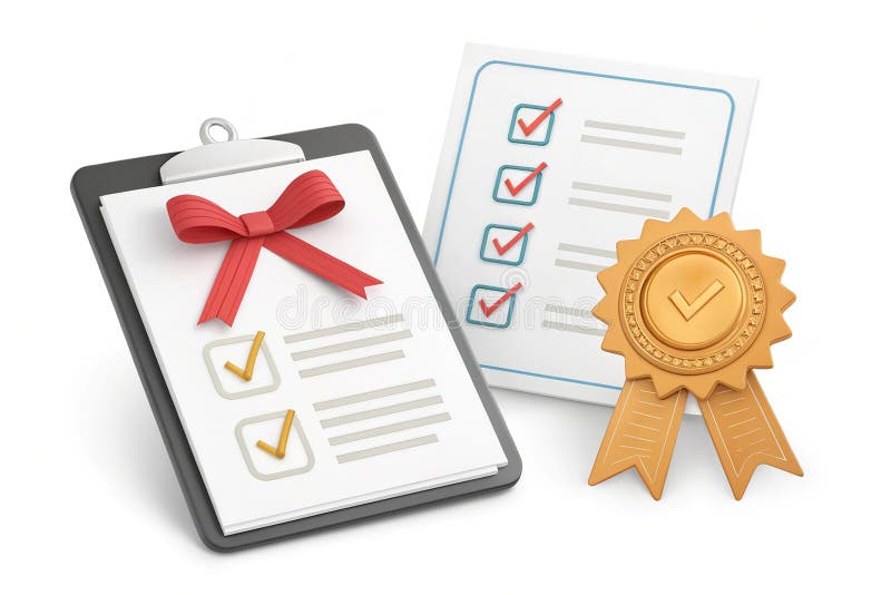 3D Diploma Certificate Icon with Ribbon and Checklist Stock ...