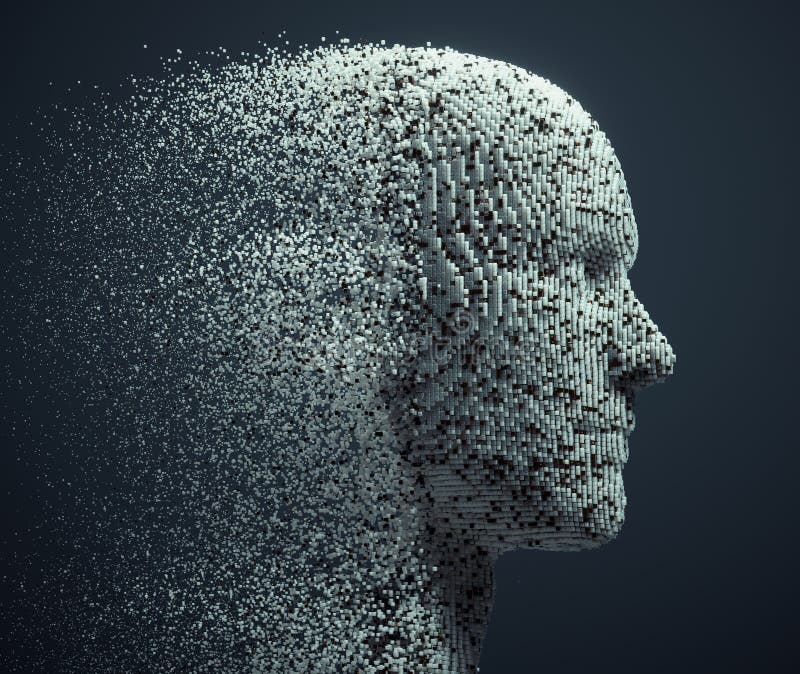 3D Dissolving Human Head Made with Cube Particles Stock Illustration ...