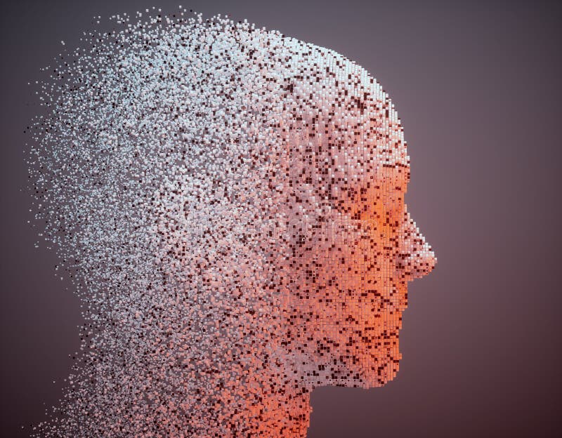 3D Dissolving Human Head Made with Cube Particles Stock Illustration ...