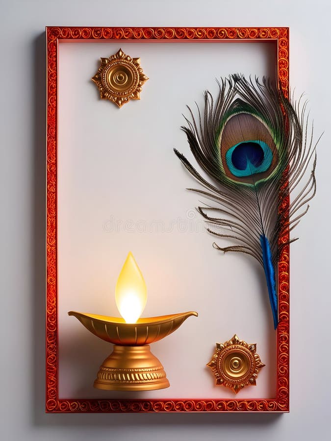 3D Diya and Peacock Feather Border Concept As Horizontal Frame with a ...