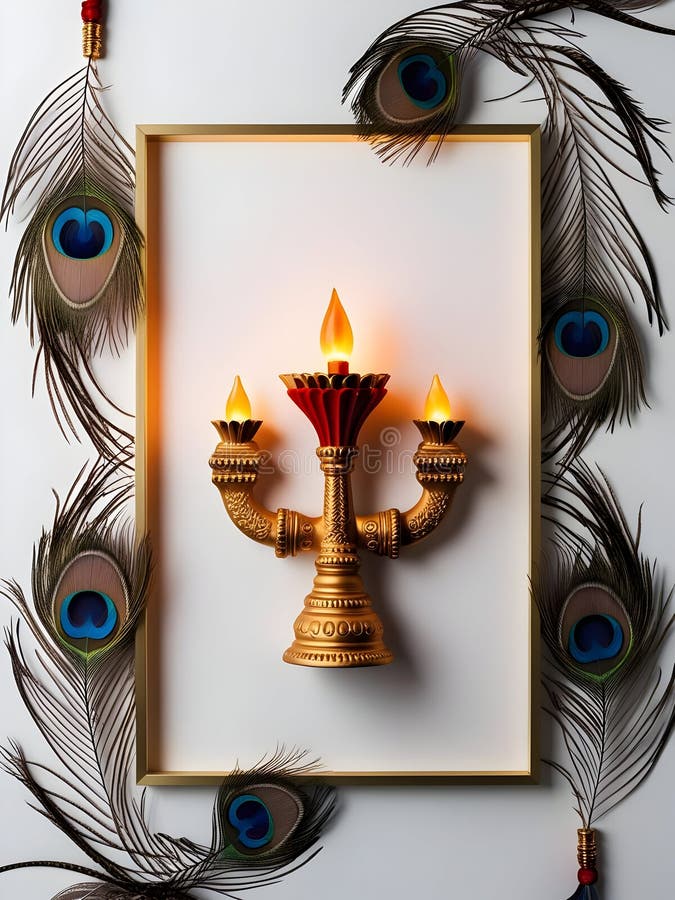 3D Diya and Peacock Feather Border Concept As Horizontal Frame with a ...