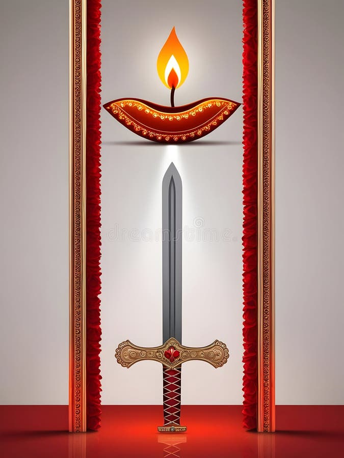 3D Diya and Sword Border Frame Concept As Vertical Frame with a Lit ...